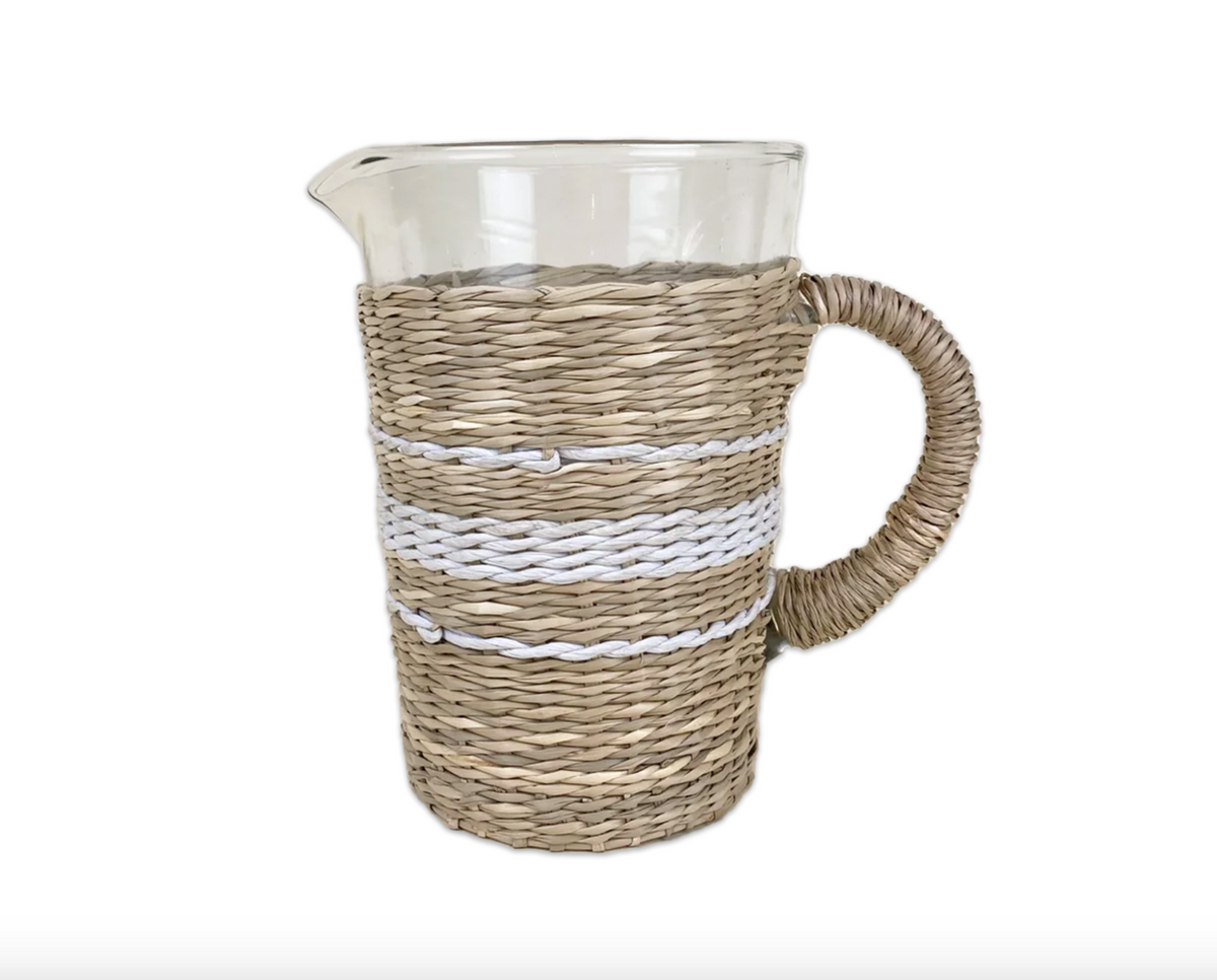 Seagrass Wrapped Glass Pitcher with White Color Stripes — Julie & Ev